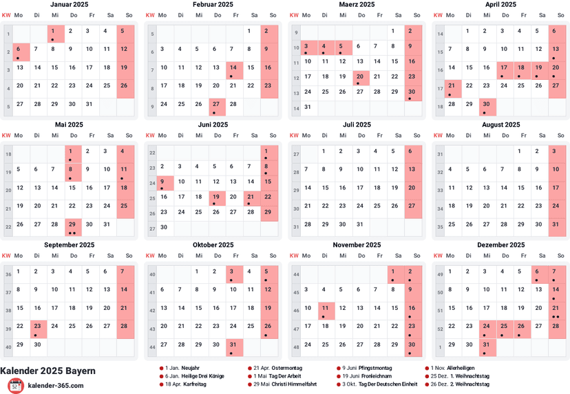 Kalender 2025 Bayern - Regional mit Feiertagen | Kalender-365
