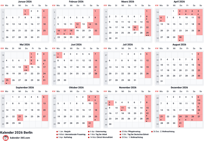 Kalender 2026 Berlin - Regional mit Feiertagen | Kalender-365