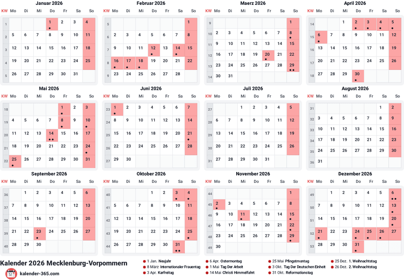 Kalender 2026 Mecklenburg-Vorpommern - Regional mit Feiertagen ...
