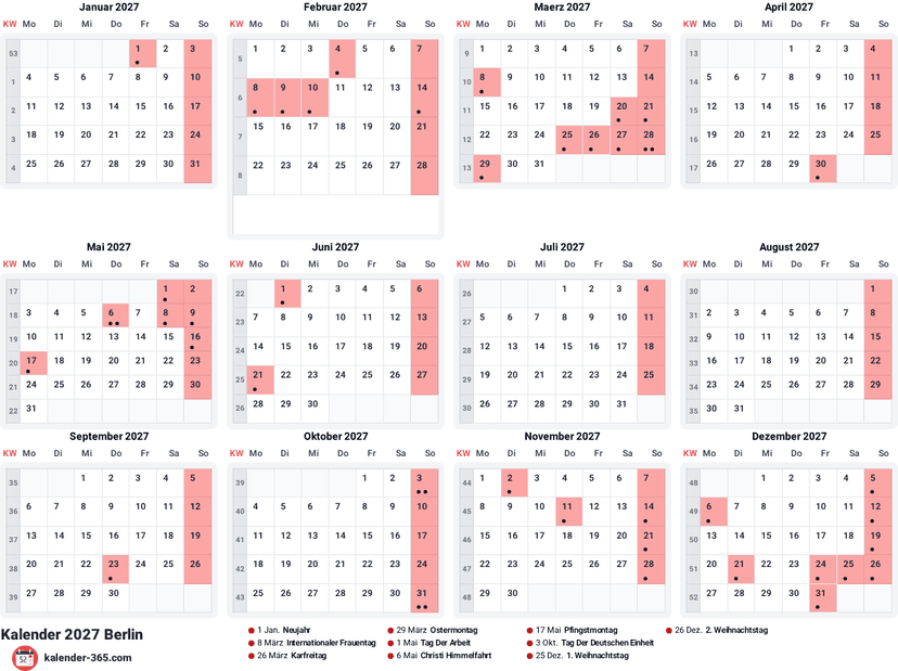 Kalender 2027 Berlin - Regional mit Feiertagen | Kalender-365