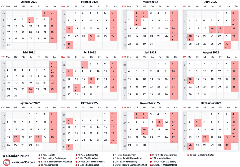 Kalender 2022 mit Feiertagen | Deutschland | Kalender-365