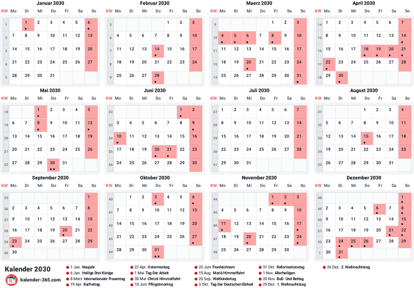 Kalender 2030 mit Feiertagen | Deutschland | Kalender-365