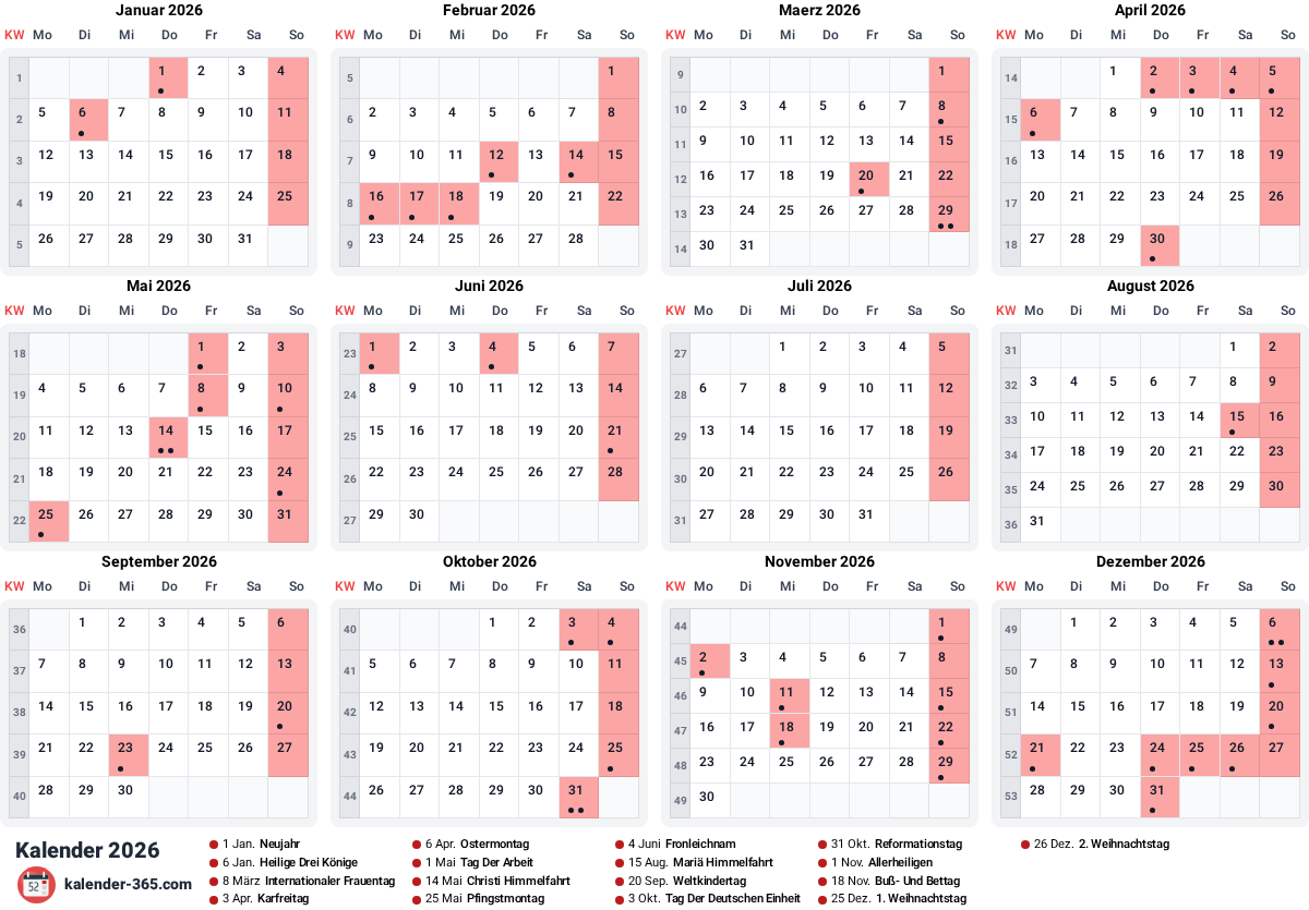 Kalender 2026 Jahreskalender Mit Feiertagen KW Kalender 2026 Jahreskalender Mit Feiertagen KW